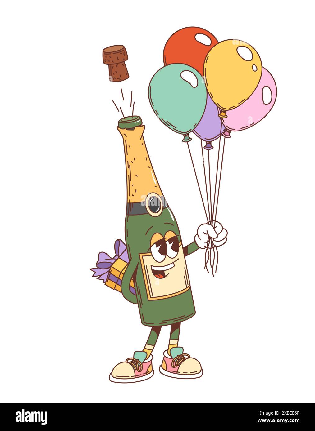 Retro groovy holiday sparkling wine character. Isolated cartoon vector ...