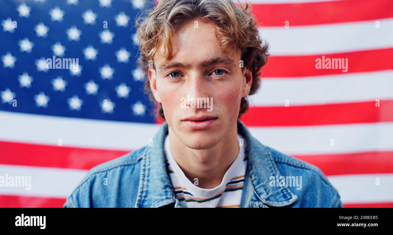 Man, portrait and american flag for patriotic pride and heritage in ...