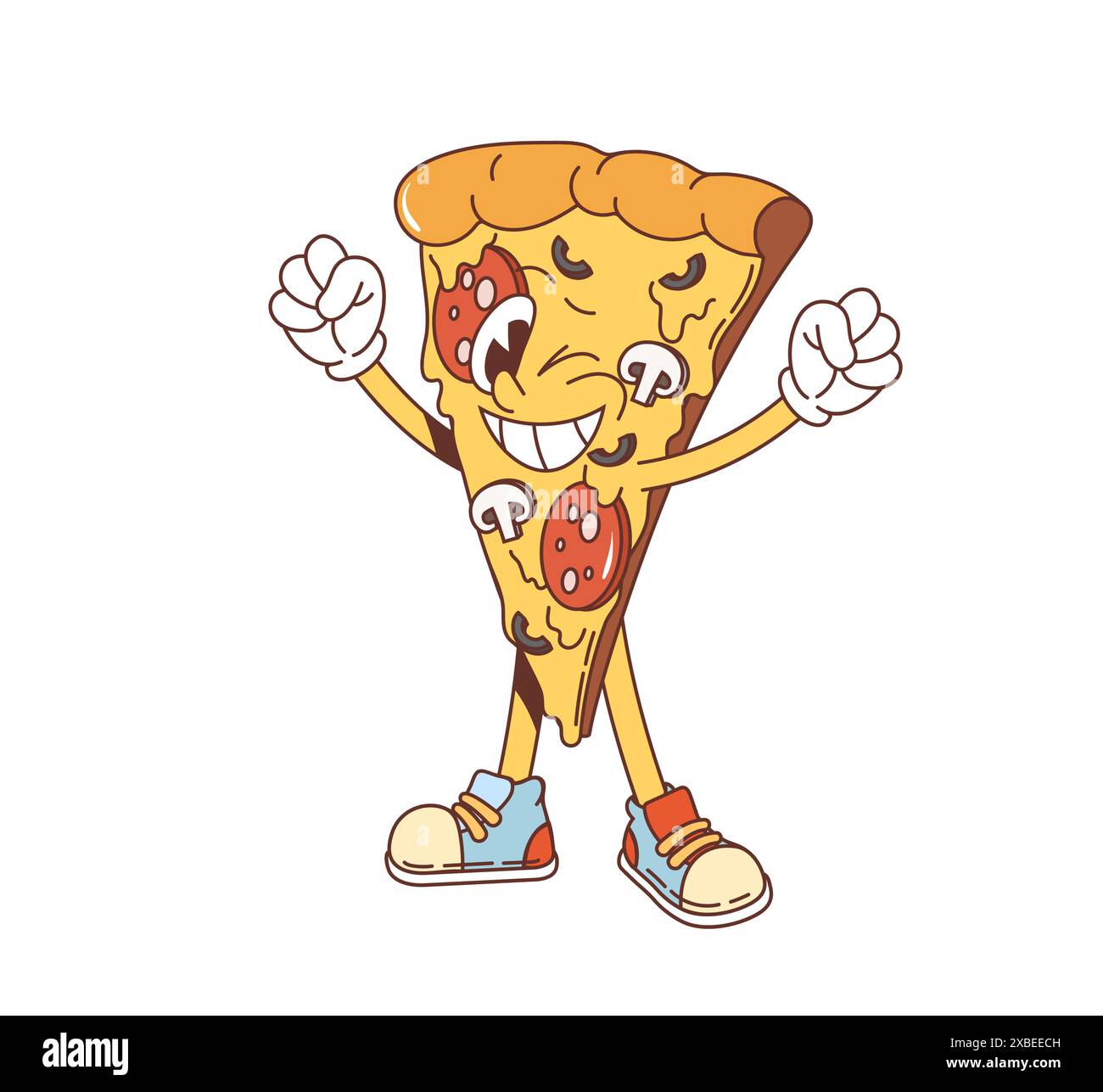 Retro groovy pizza slice character. Isolated cartoon vector fun fast ...