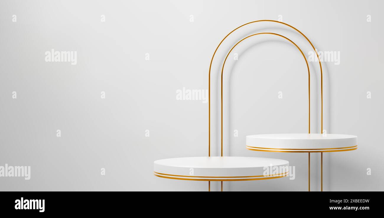 White podium stages with golden arch frame for displaying cosmetic ...