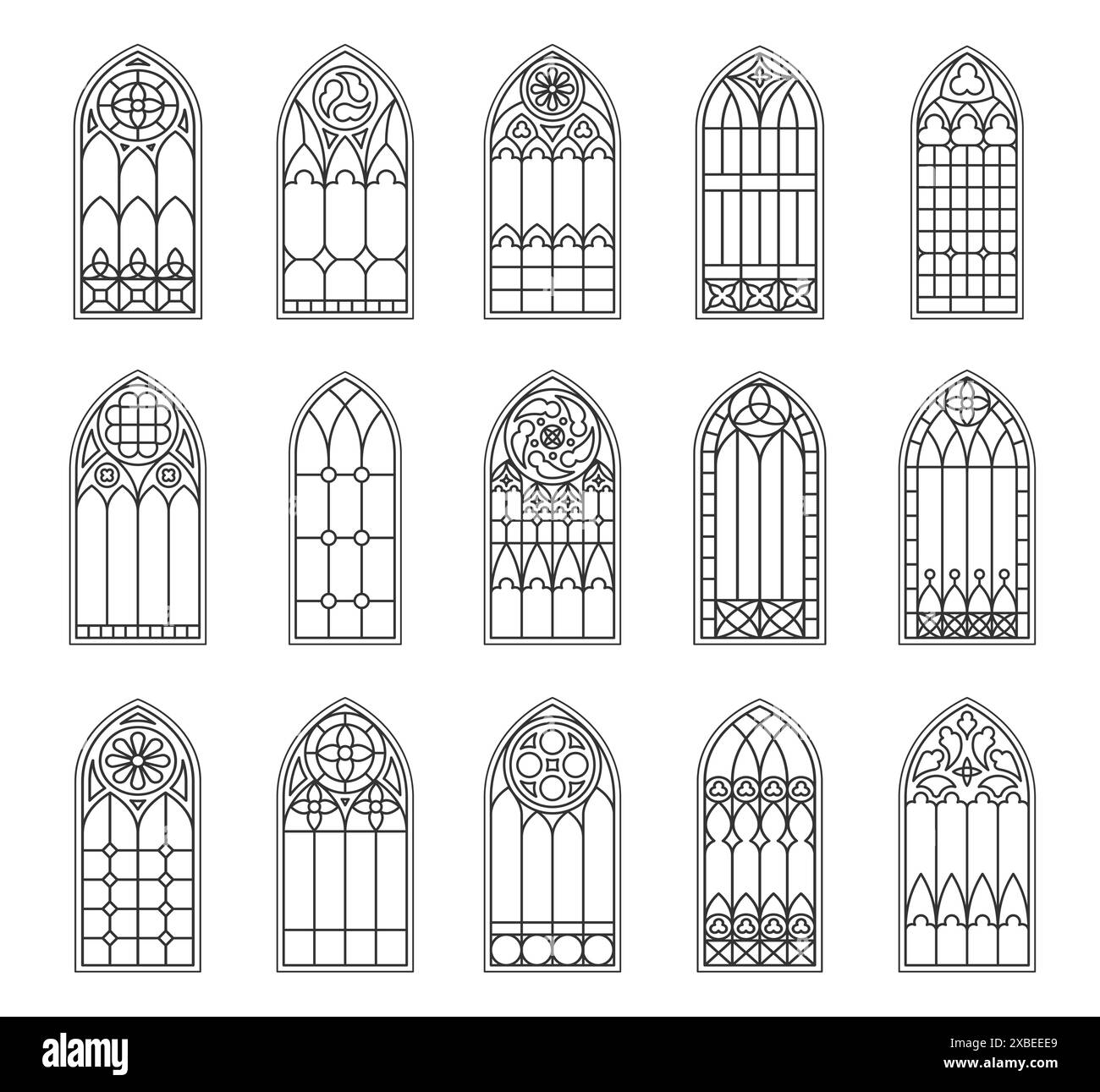 Catholic gothic church windows. Medieval castle arched stained glasses ...