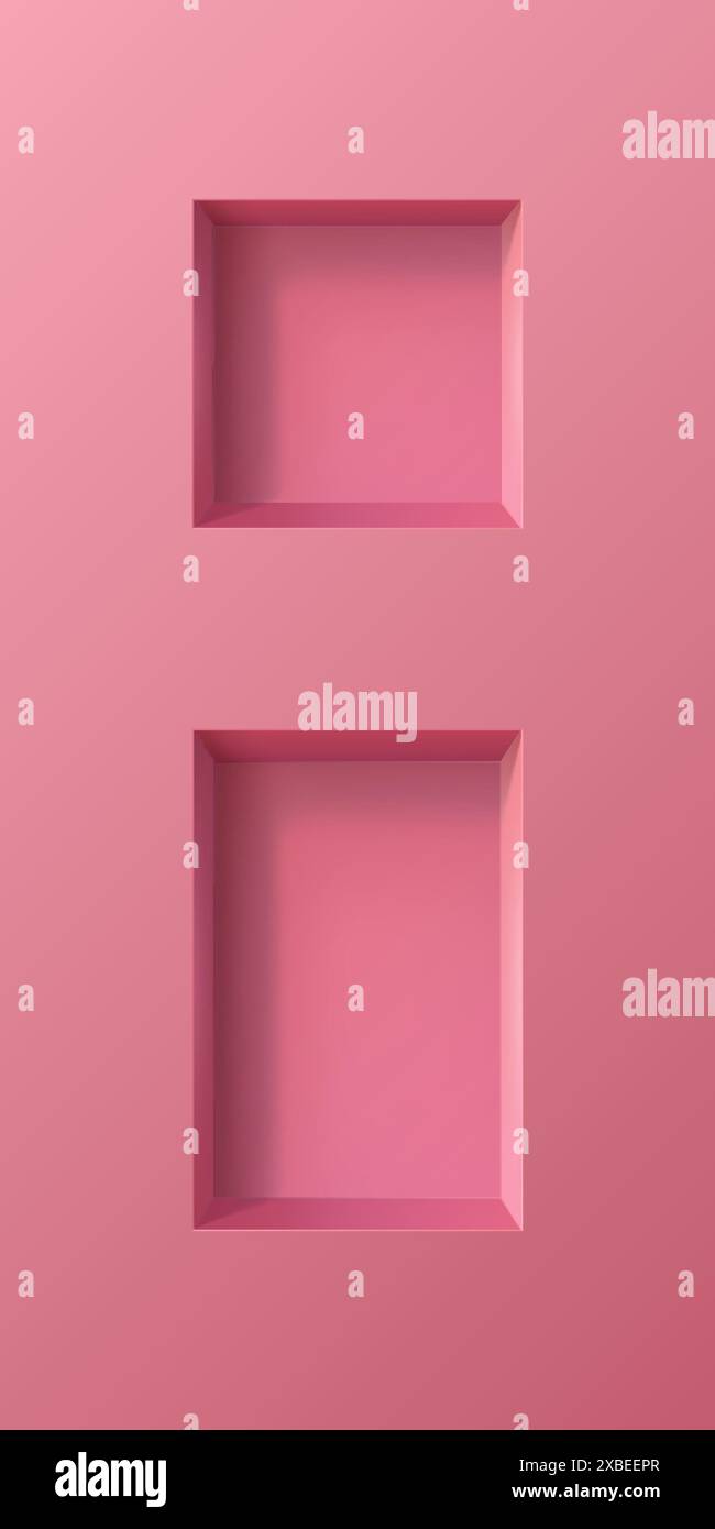 Pink wall 3d niches. Empty box shelves, open display stand or showcase ...
