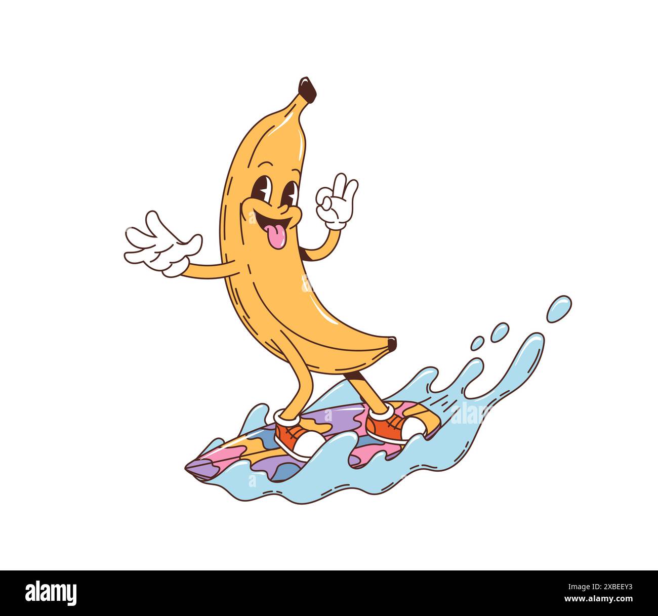 Retro groovy banana character on surfboard riding a wave. Isolated ...