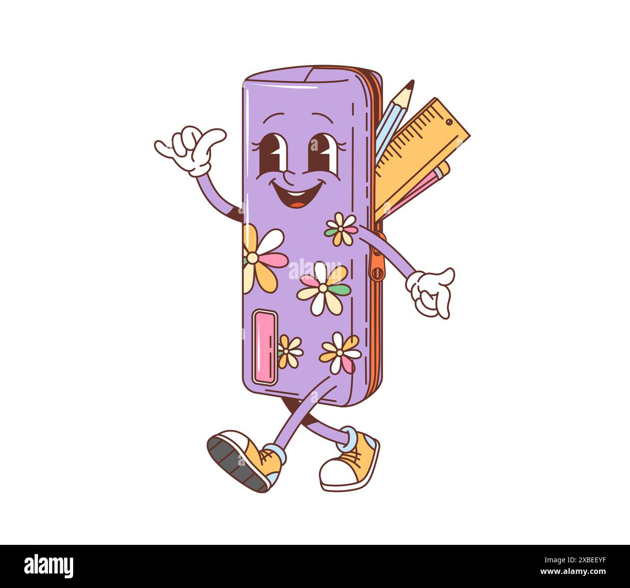 Groovy retro cartoon school pen or pencil box character with funky face ...