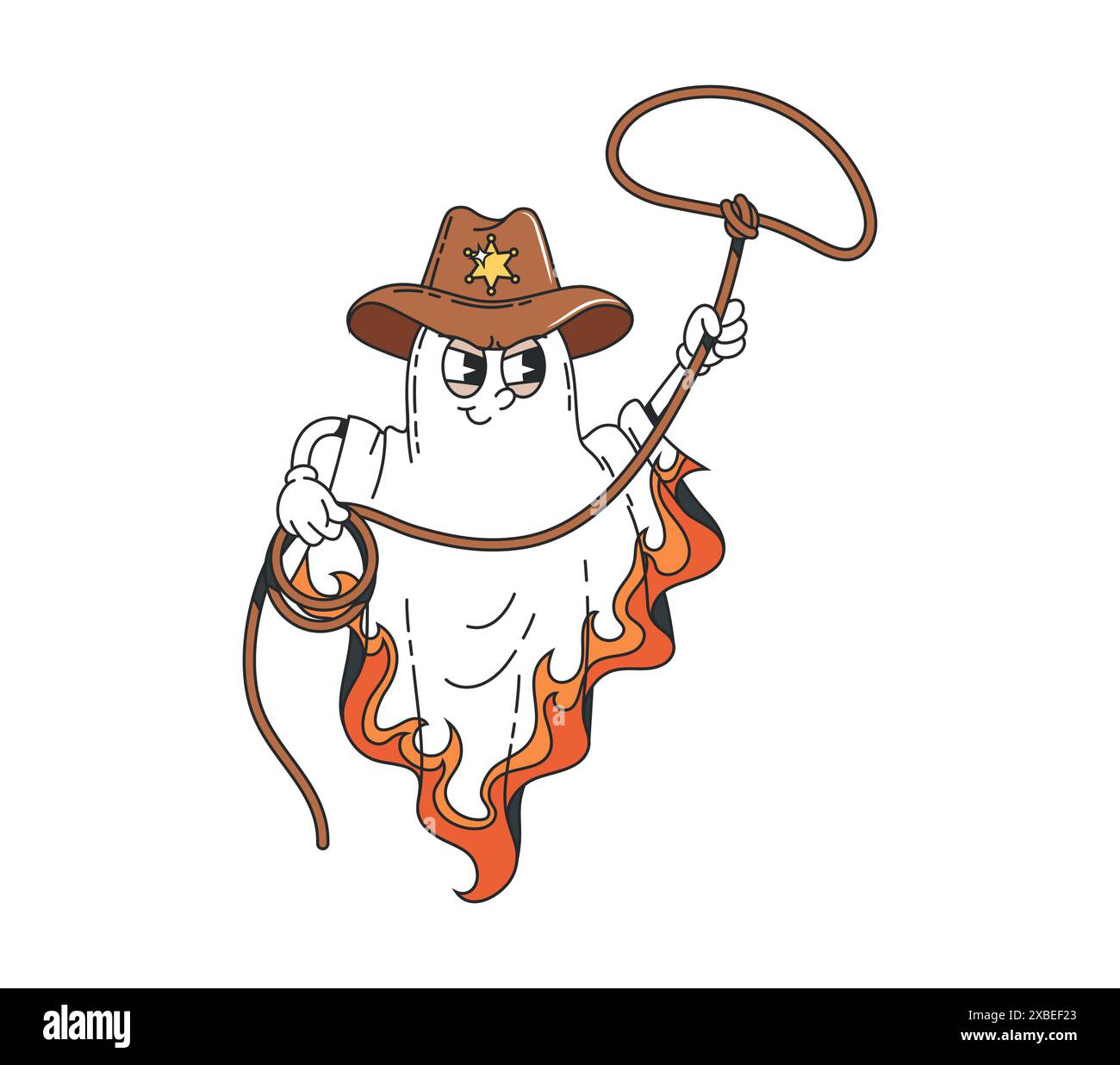 Cartoon Halloween groovy ghost character donning sheriff cowboy hat ...