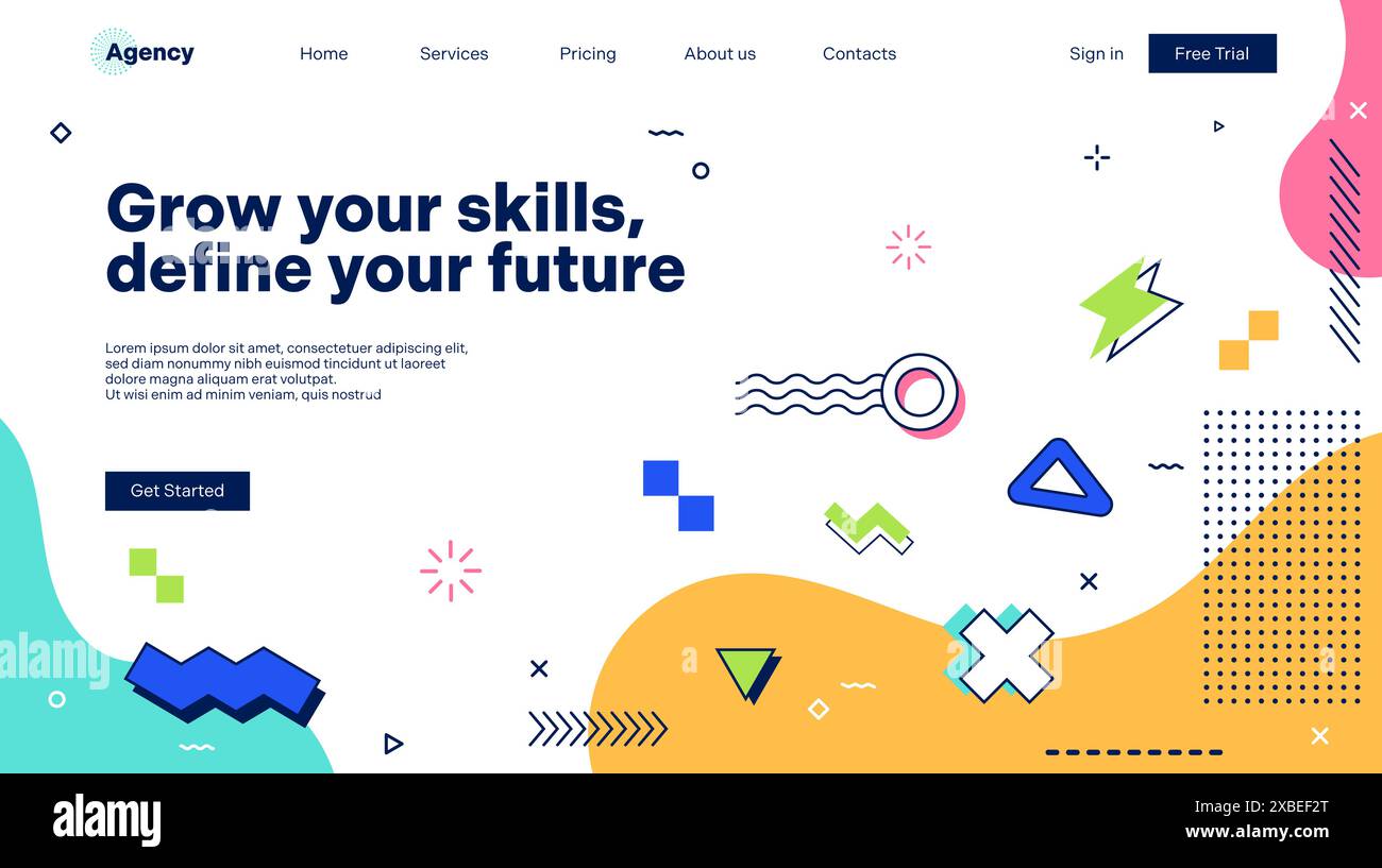 Browser landing page with Memphis shapes. Vector web banner template with abstract geometric ...