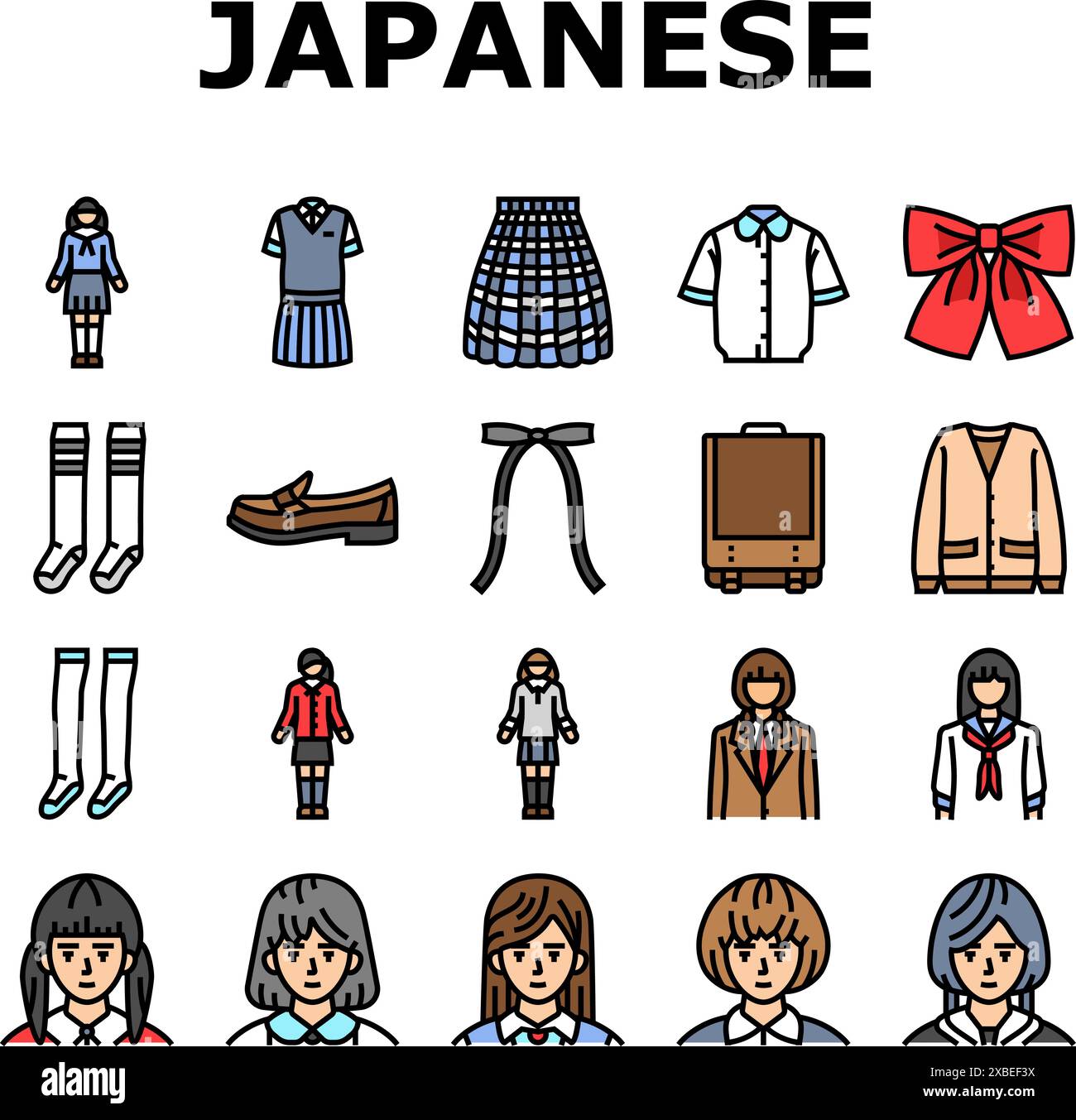 japanese school girl korea child icons set vector Stock Vector Image ...
