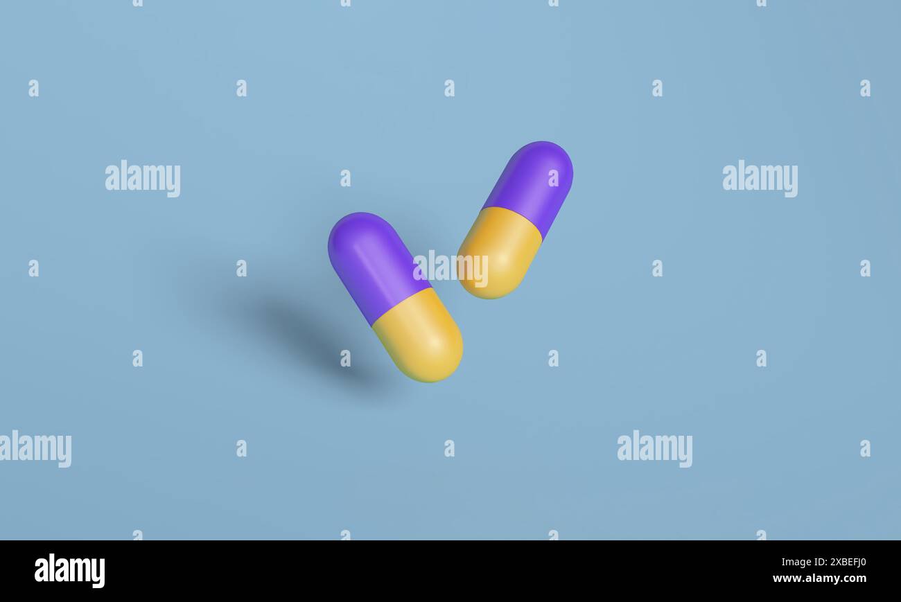 3D illustration of two yellow and purple capsules floating against a ...