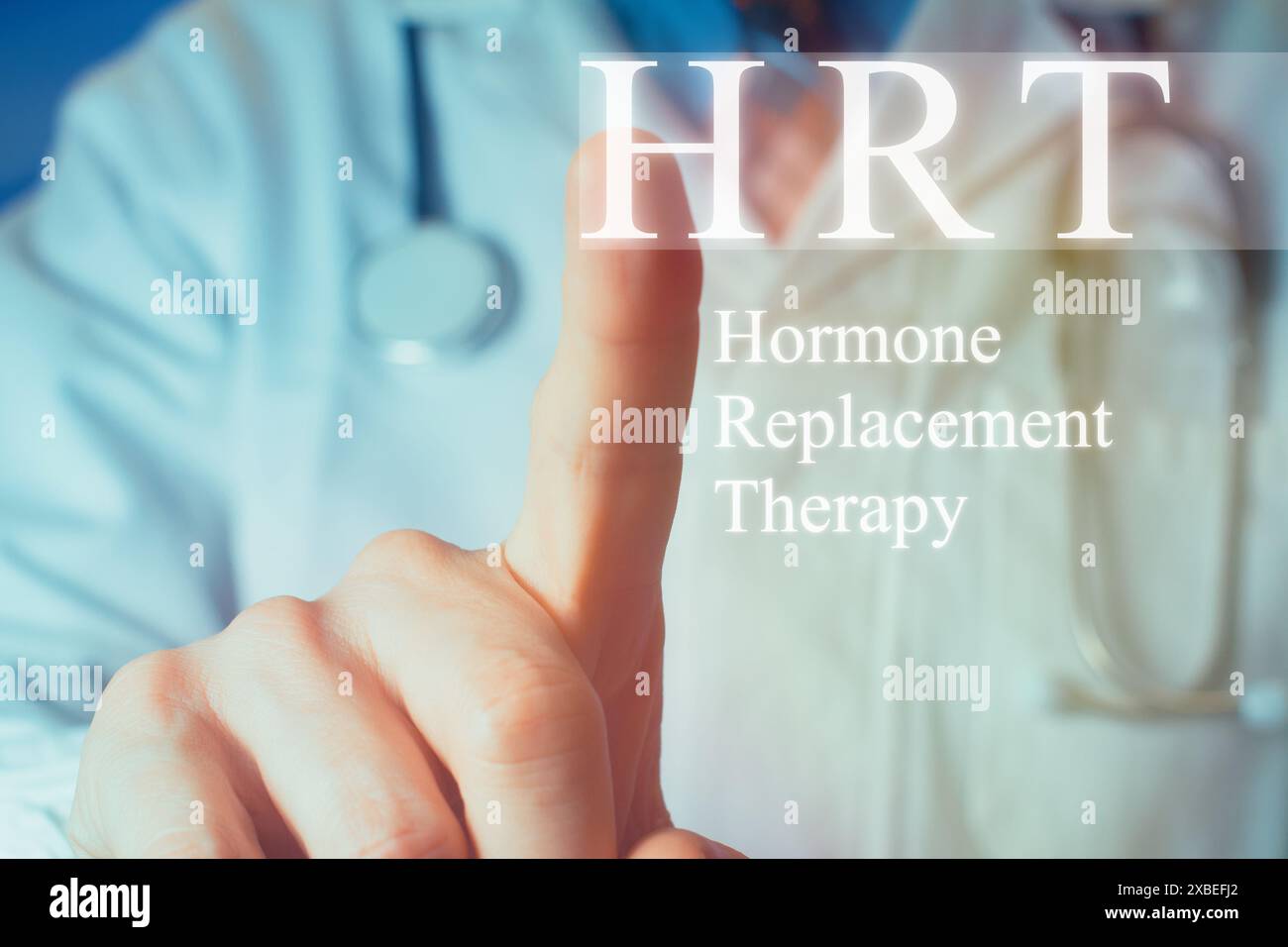 Close up of a doctor pointing finger up the word HRT Hormone ...
