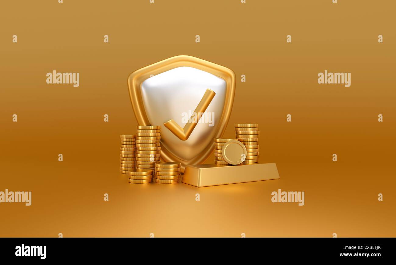 3D illustration of a golden shield with a check mark surrounded by ...