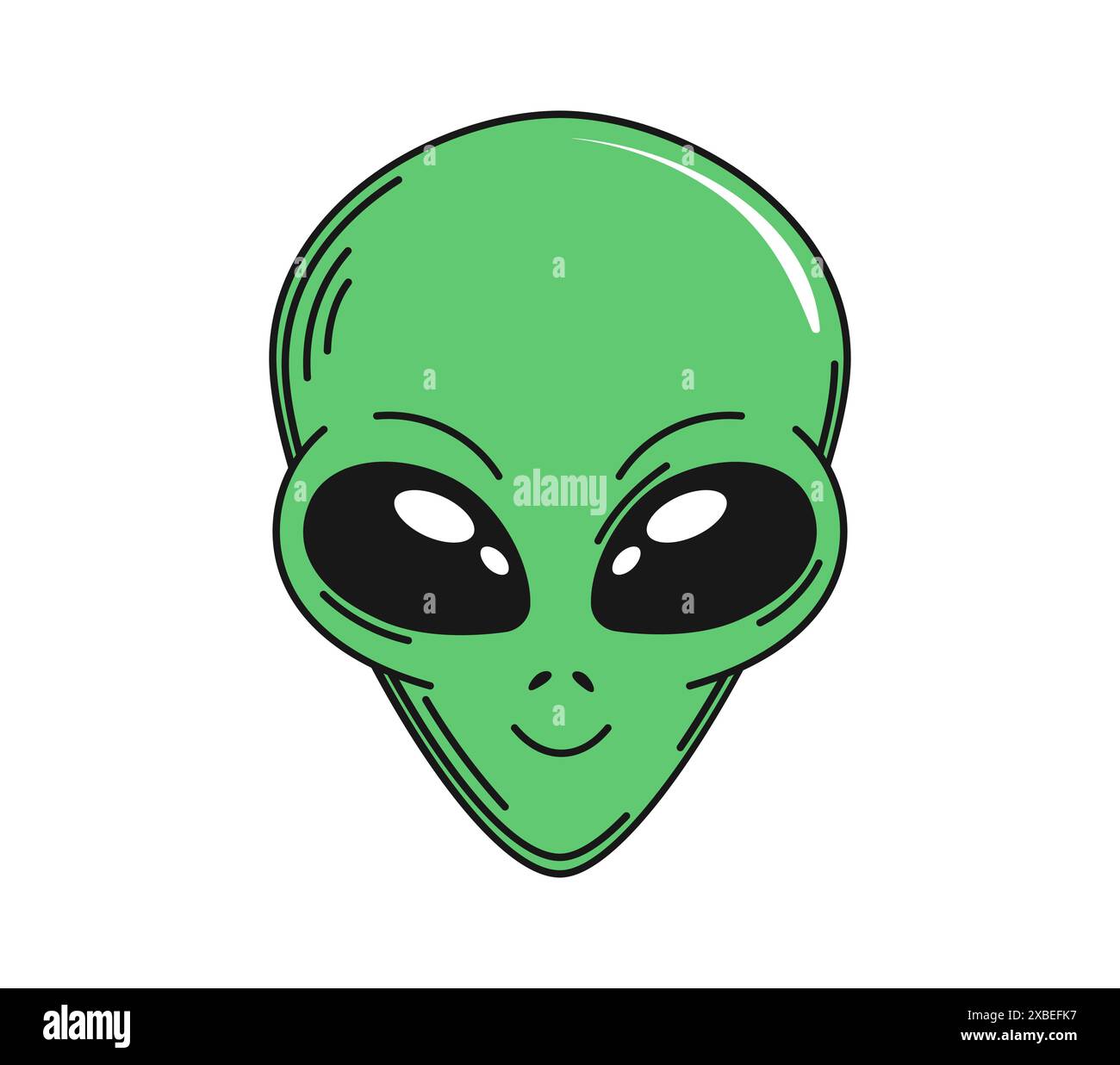 Retro groovy alien space character face or head with large black eyes ...