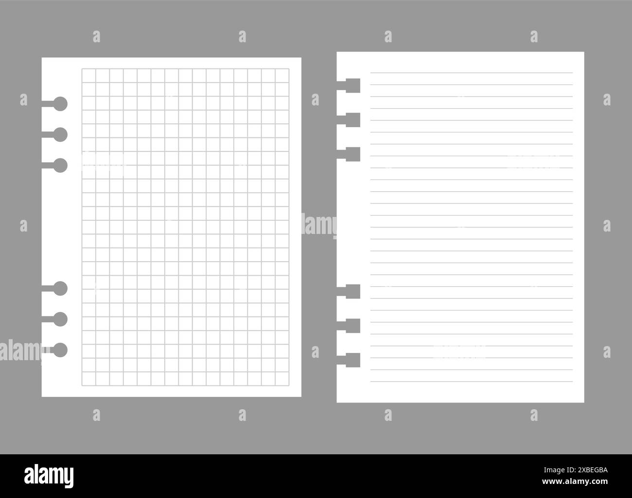 Set of notebook sheets isolated on gray background. Realistic white blanks of checkered and ...