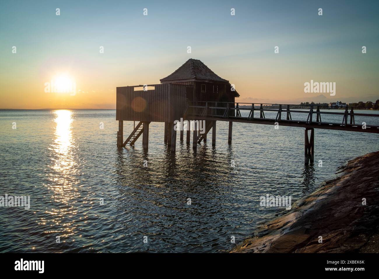 wonderful sunset at bathing houses at the Lake Constance Stock Photo ...