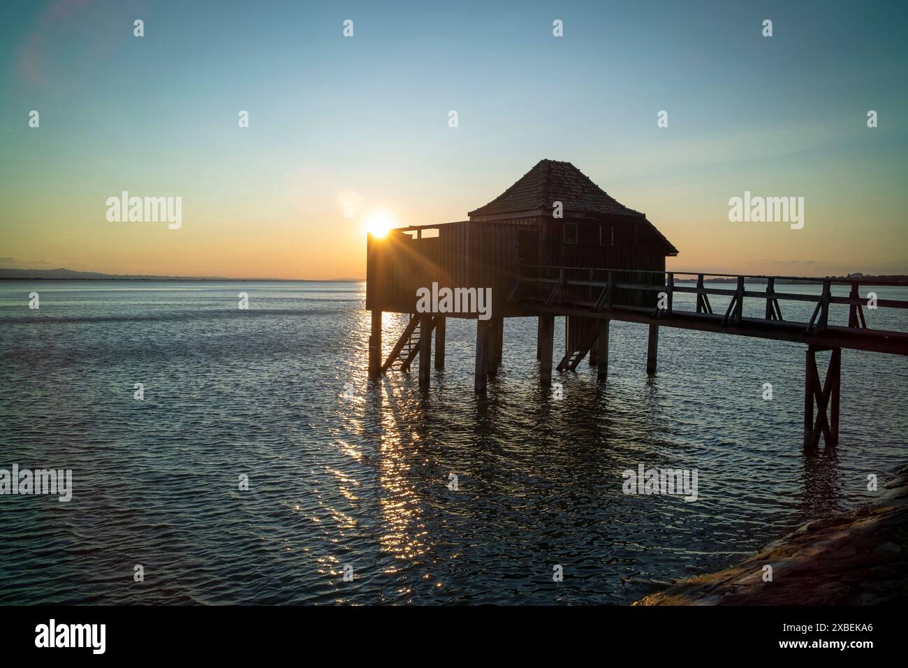 wonderful sunset at bathing houses at the Lake Constance Stock Photo ...