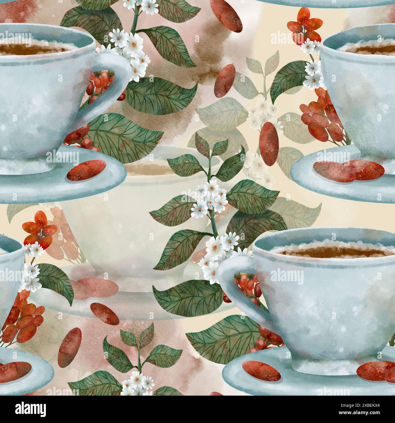 A beautiful seamless pattern featuring coffee cups, leaves, and flowers ...