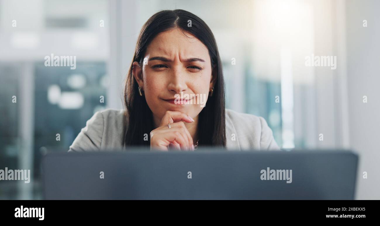 Business woman, laptop and thinking for planning blog post, ideas and ...