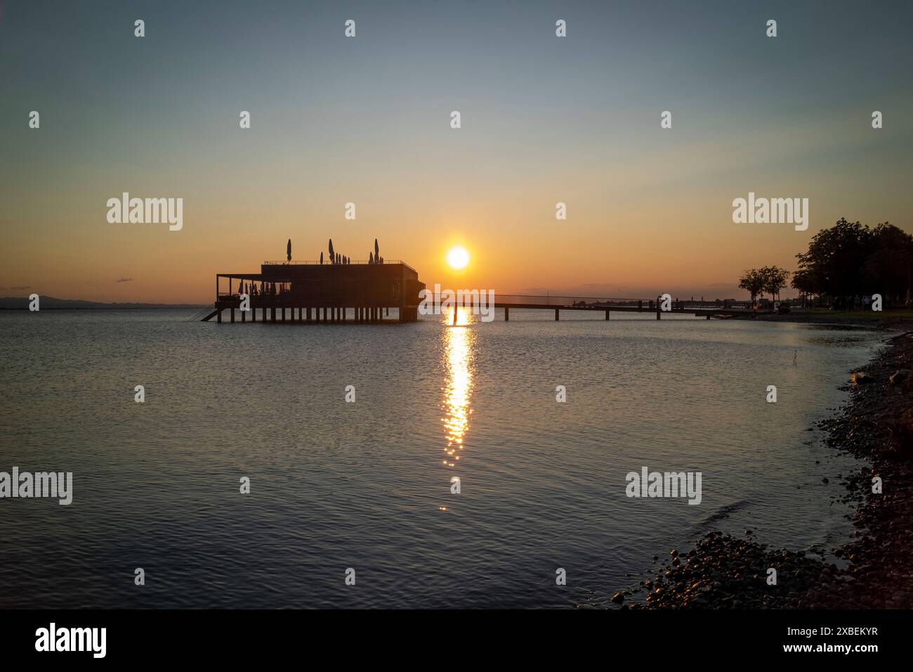 wonderful sunset at bathing houses at the Lake Constance Stock Photo ...