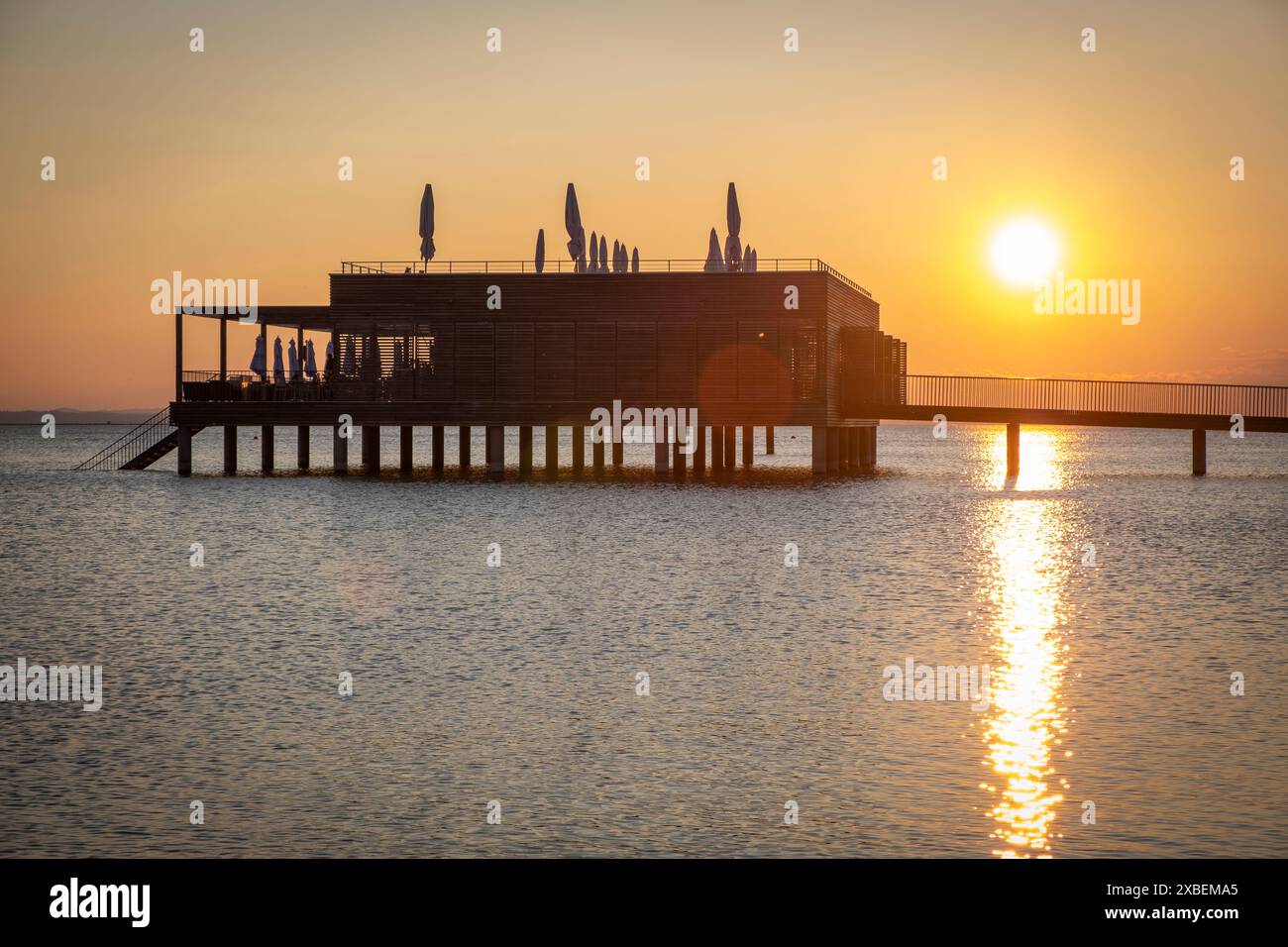 wonderful sunset at bathing houses at the Lake Constance Stock Photo ...