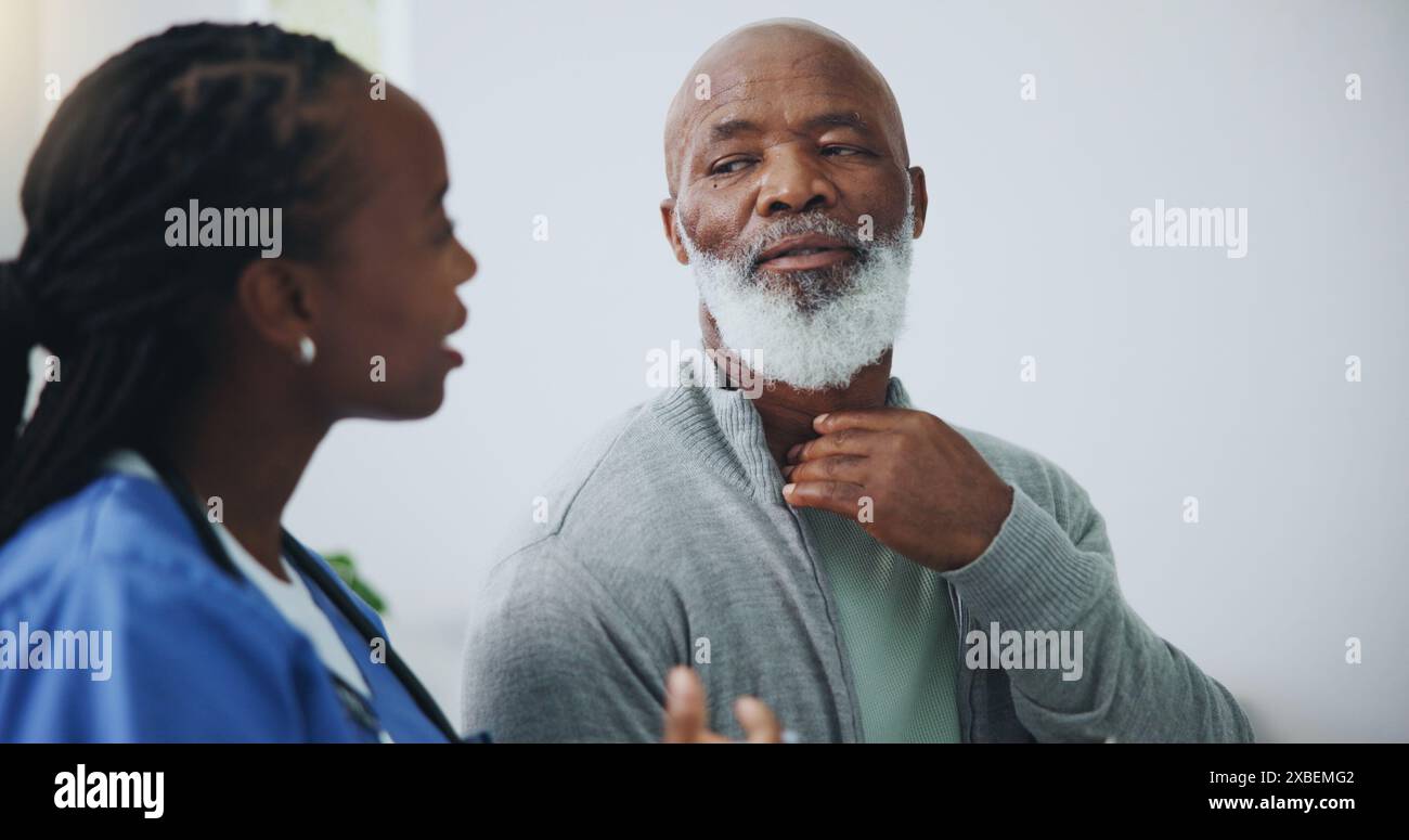 Healthcare, examination and old man consulting doctor for sore throat ...