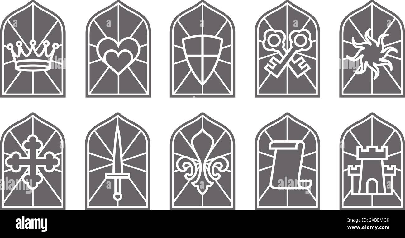 Church glass windows. Gothic vector arch frame with medieval symbols ...