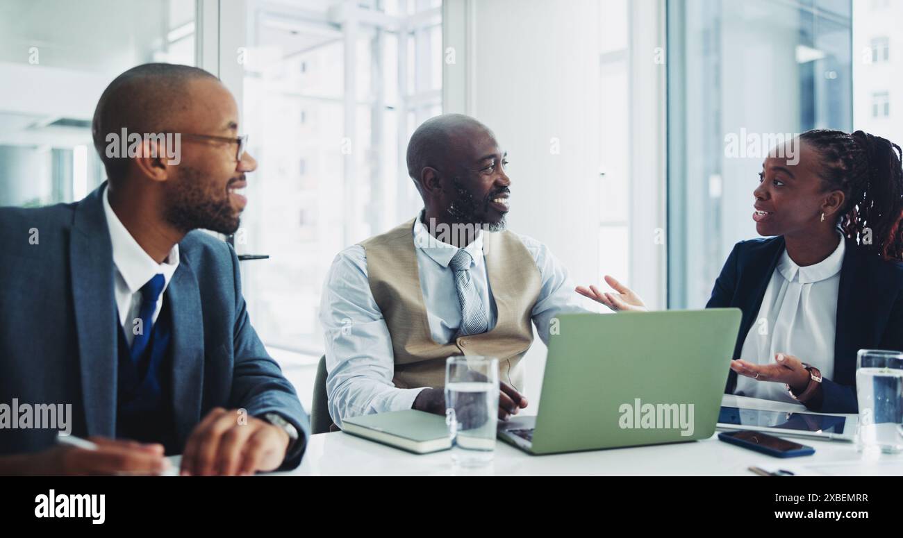 Partnership, black people and happy on laptop in office for ideas on ...