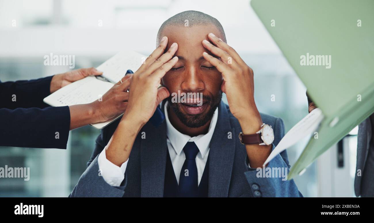Businessman, headache and stress in office for multitasking, deadline ...