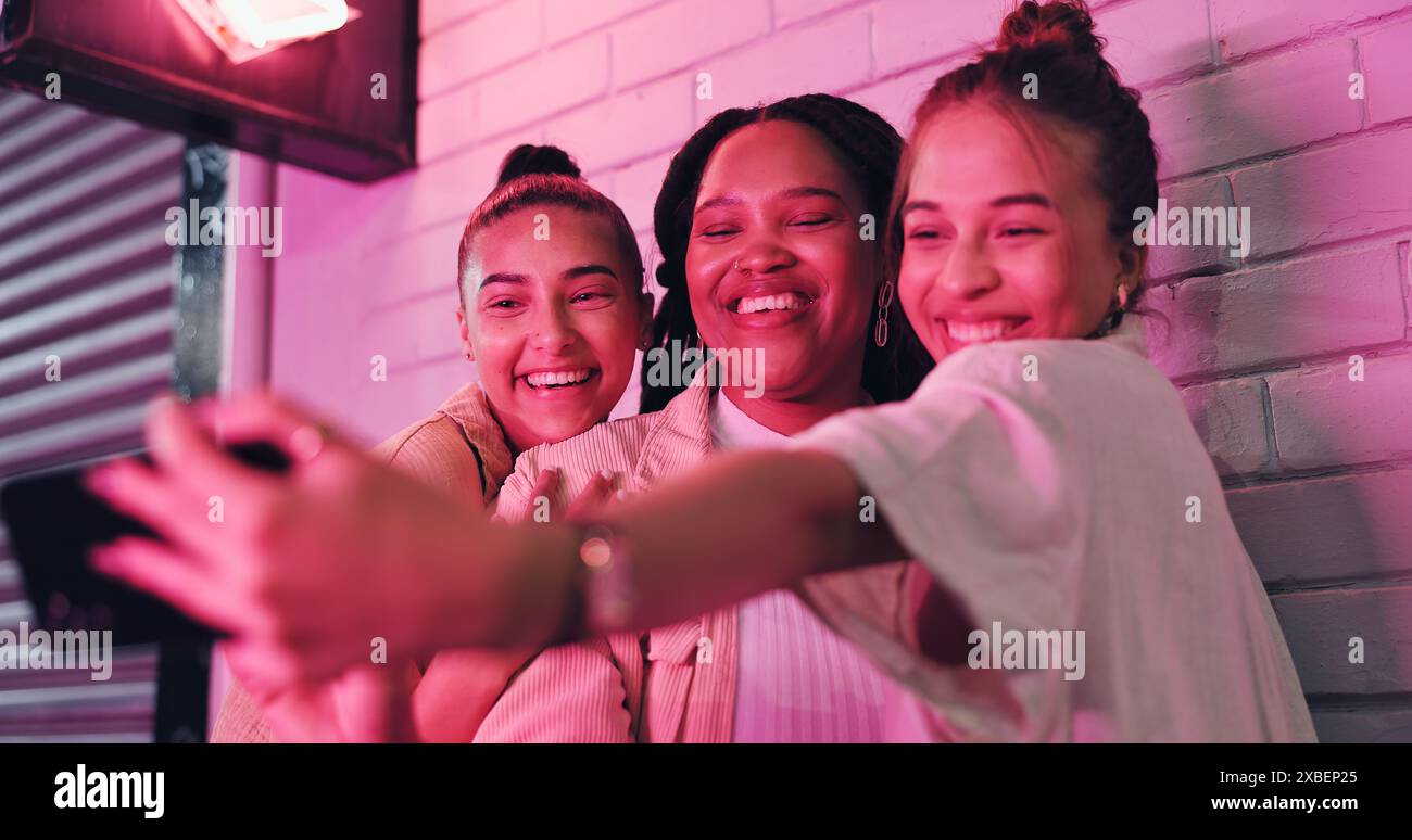 Friends, night and outdoor selfie with women, smile and hug for photo ...