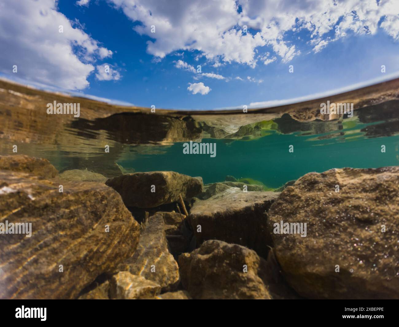 Action camera underwater photography at the Rummu quarry, clear water ...