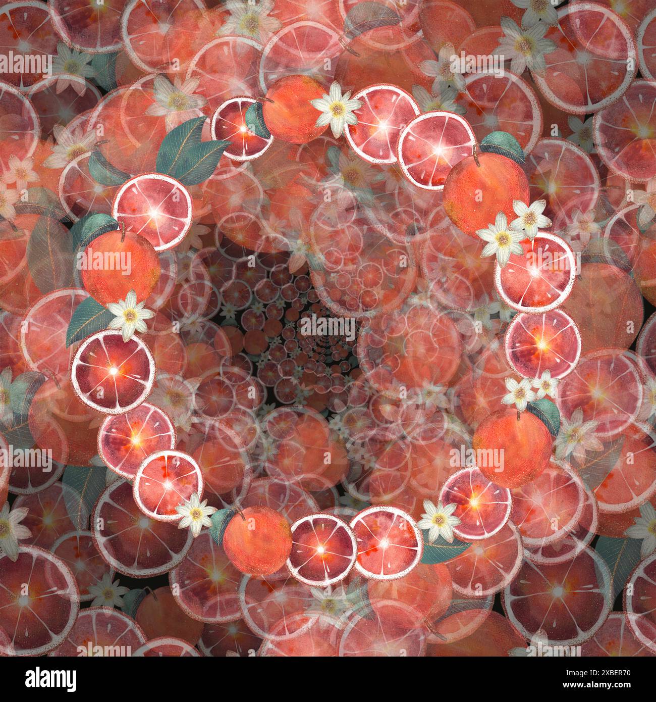 A vibrant circular pattern showcases citrus fruits, flowers, and light ...