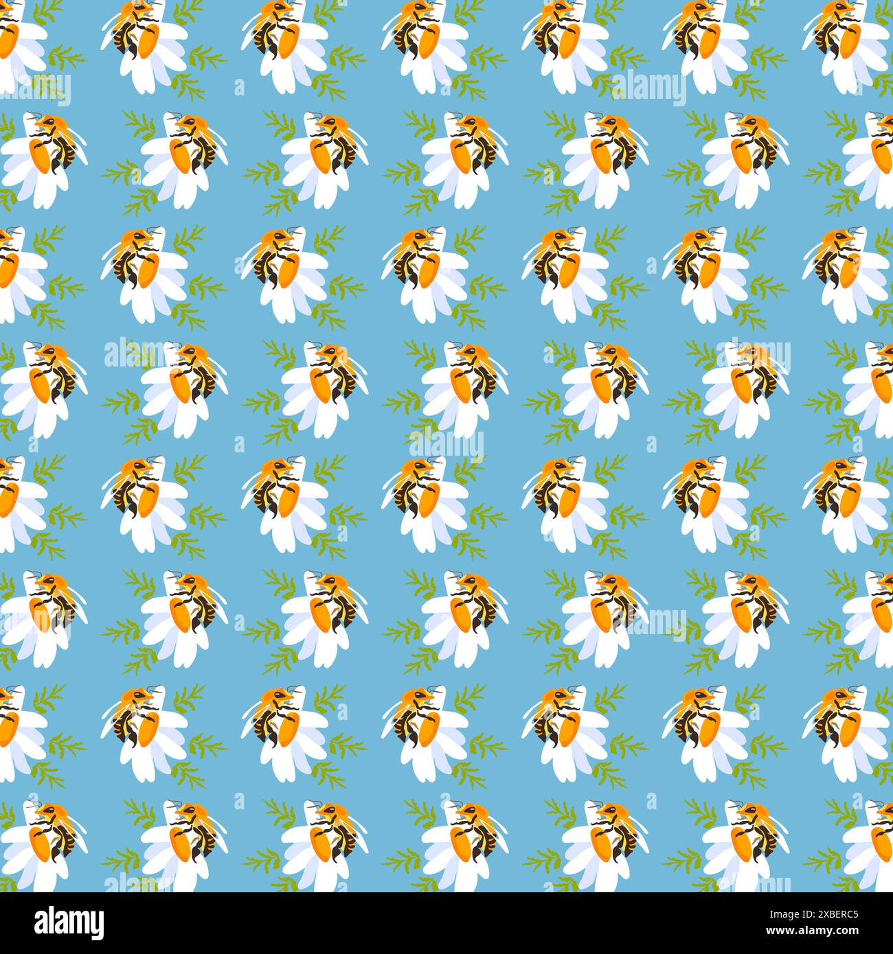 Summer background daisy bee Blue seamless pattern spring white meadow ...
