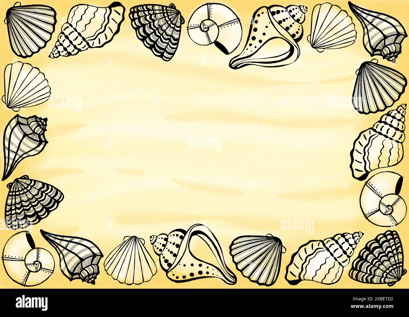 Frame made of shells of different shapes. Shells with black outline ...