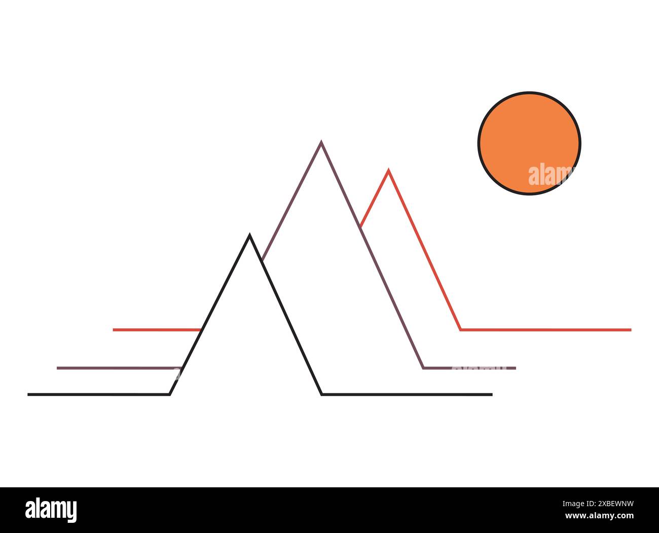 Colorful linear three triangle mountain top with circle orange sun ...
