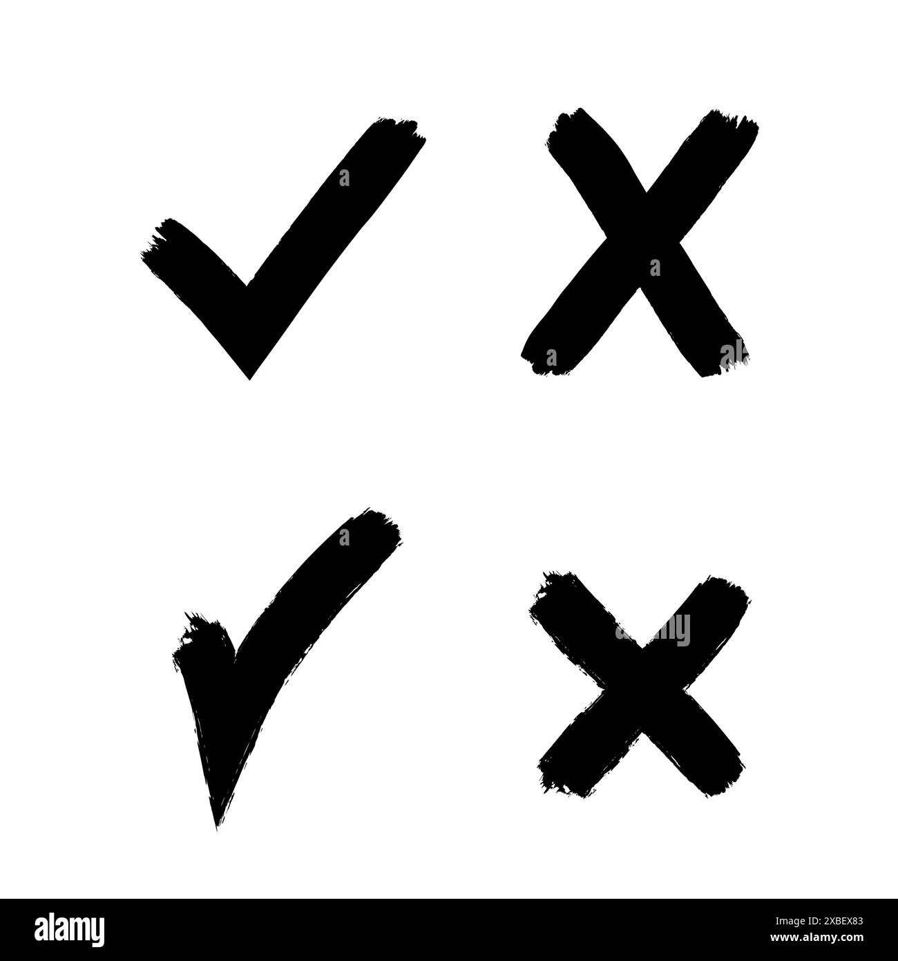 Check mark and X cross hand drawn symbol set. Grunge design elements for correct and incorrect ...
