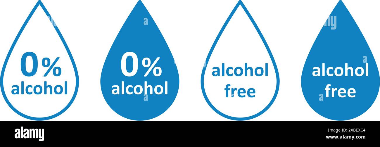 Alcohol free icon. Don't contain alcohol symbol. Zero percent tag. Drop ...