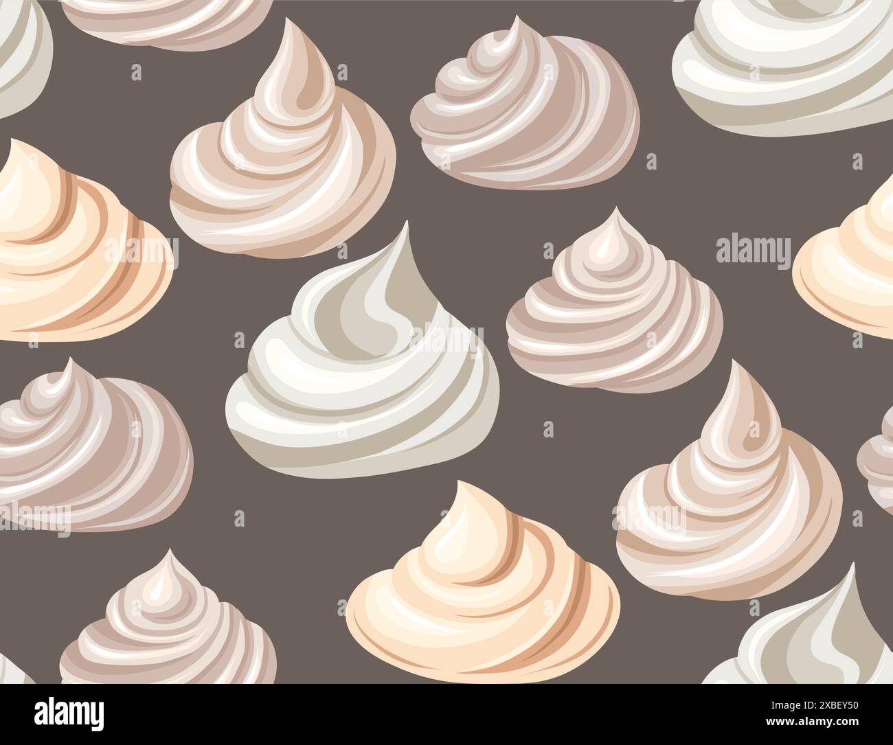 Vector seamless pattern with cartoon meringues and creams on gray ...