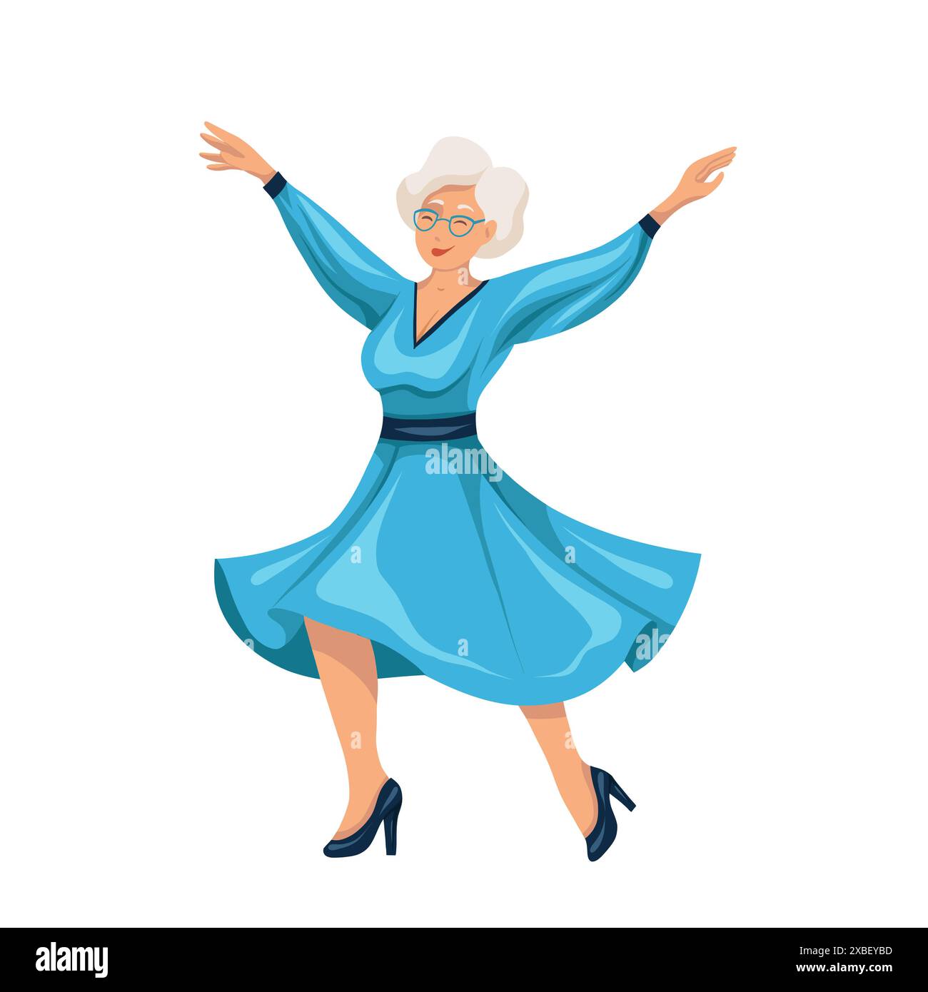 Vector flat clip art of happy beautiful senior woman in blue dress isolated from background ...