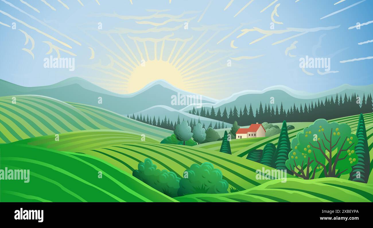 Fields Rolling Hills Sunrise Farm Land Background Stock Vector Image ...