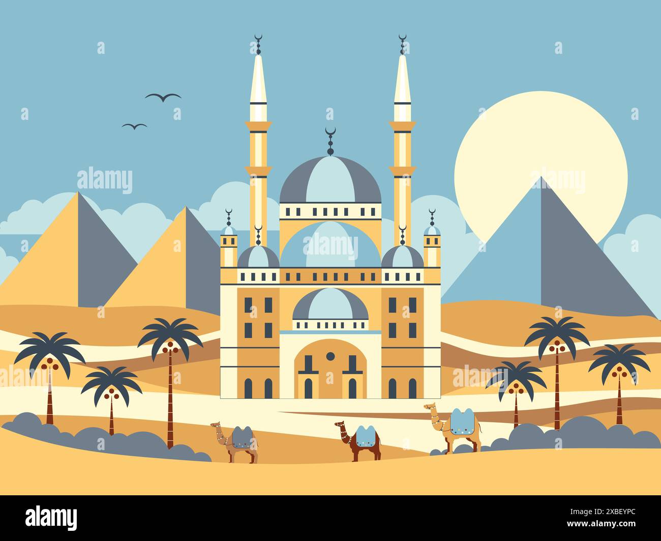 Pyramids and Mosque in Egyptian Desert with Camels Stock Vector Image ...