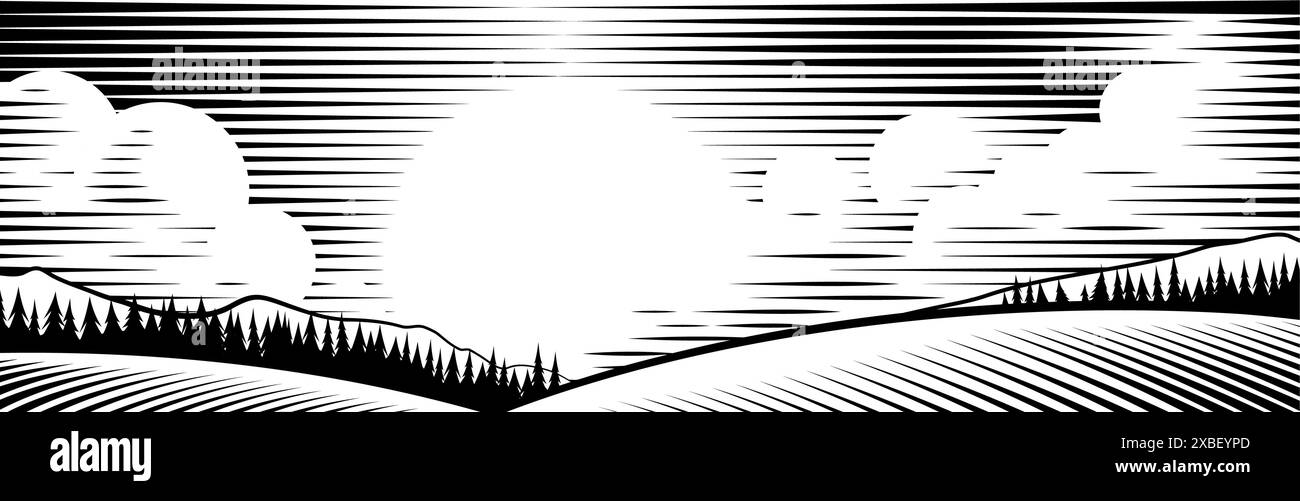 Rolling Hills Drawing In A Vintage Woodcut Style Stock Vector Image ...