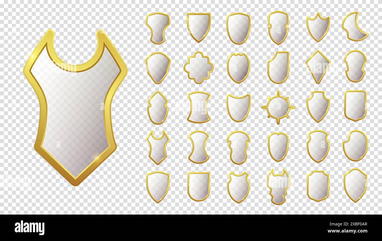 Set of realistic golden heraldic shields. Glass and glossy shield ...