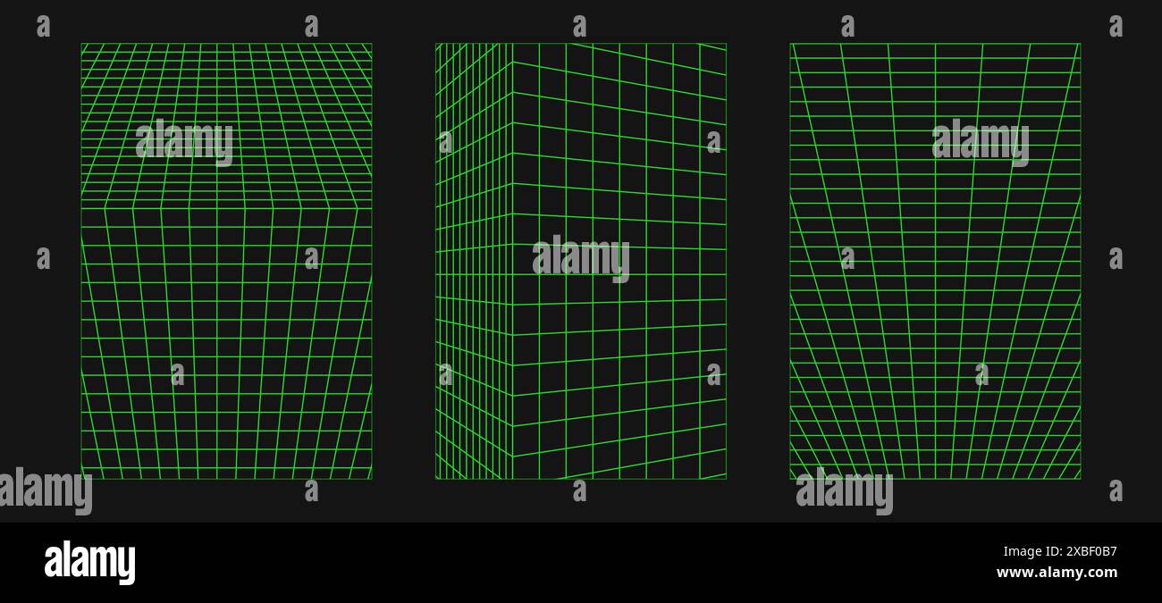 Abstract wireframes, cyberpunk elements and perspective green grids and ...