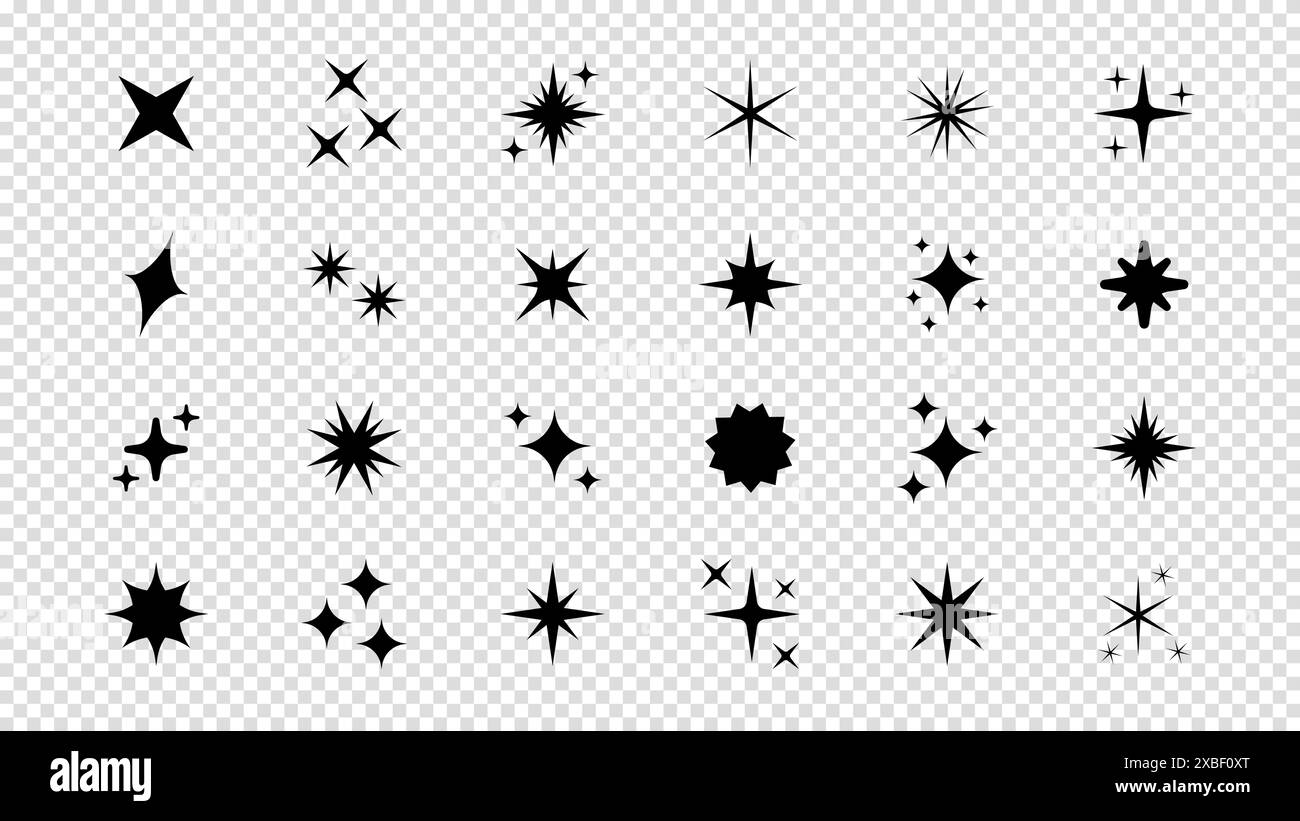 Set of original star sparkle shapes. Abstract shine effect vector sign. Retro futuristic bright ...