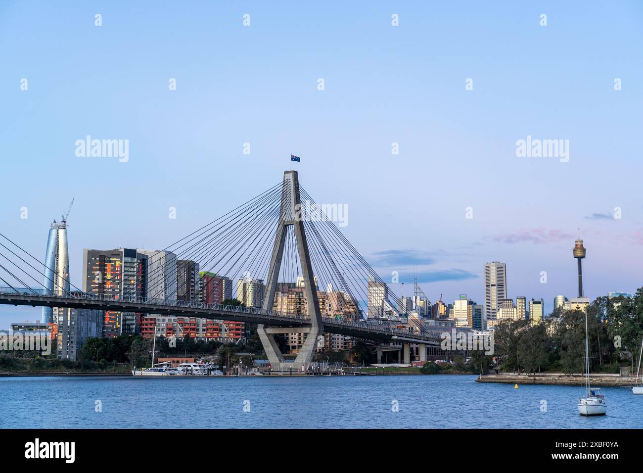 The Anzac Bridge an eight-lane cable-stayed bridge at Sunset facing ...