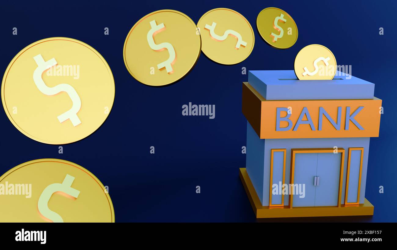 3d rendering of bank building with golden coin with a dollar sign ...