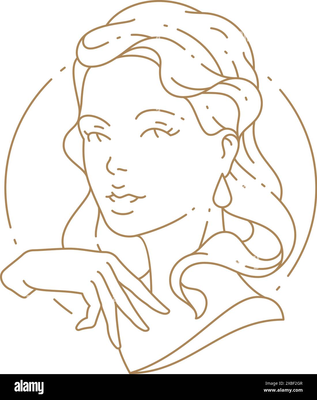Pretty lady bust in circle frame monochrome linear logo vector ...