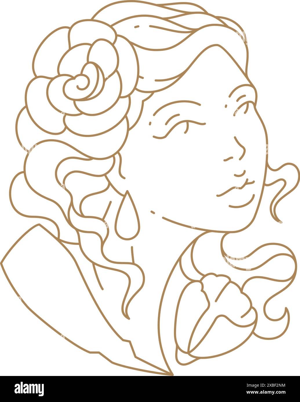 Monochrome simple woman with flower in hair bust art deco icon vector ...
