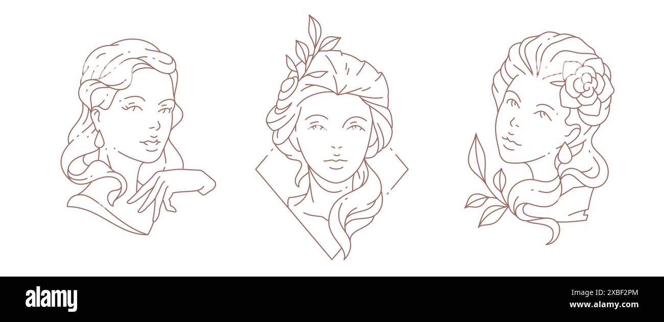 Pretty antique lady bust monochrome lineart logo set vector ...