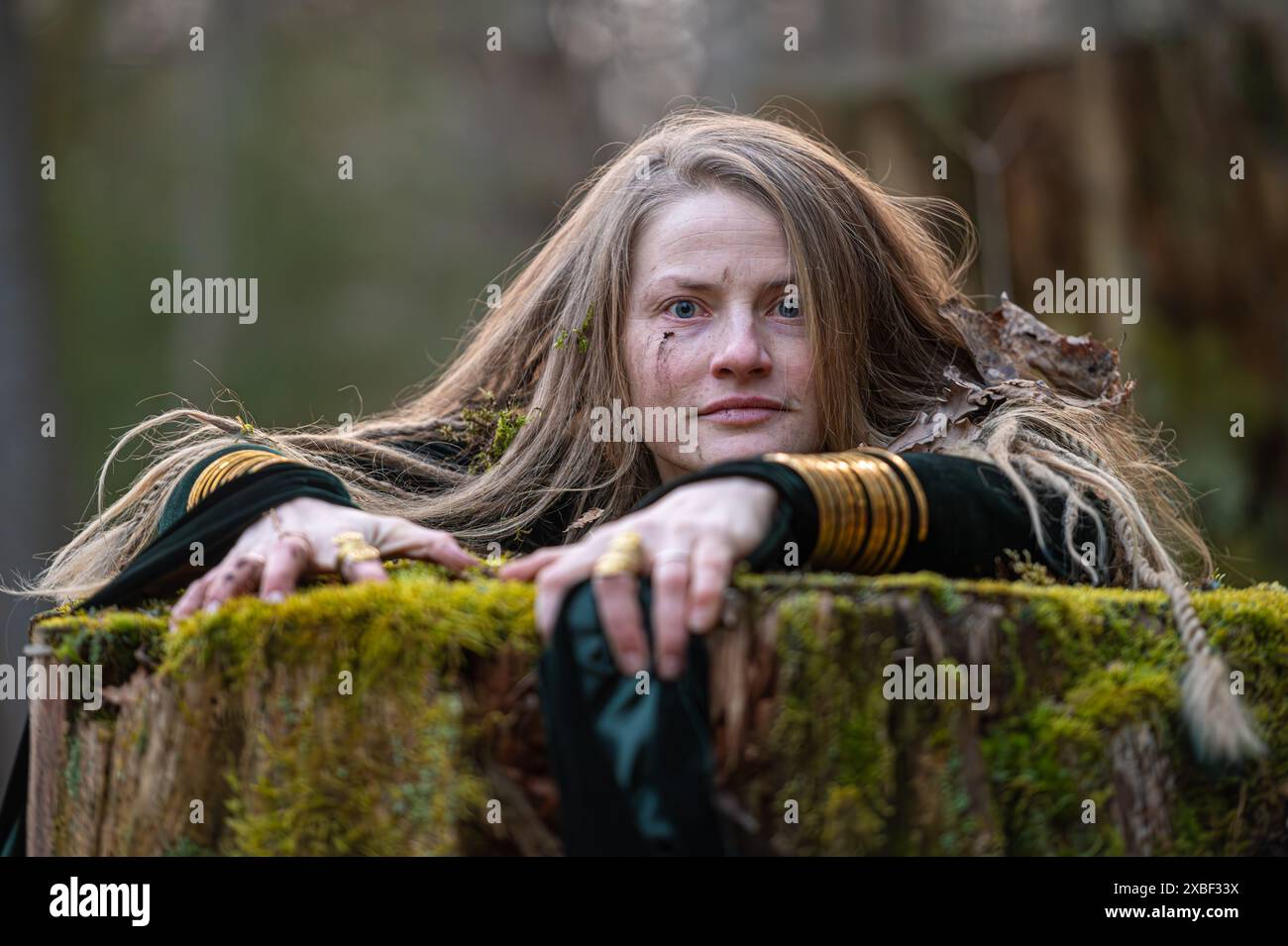 A woman leans on a moss-covered tree trunk in a forest. Shallow depth ...