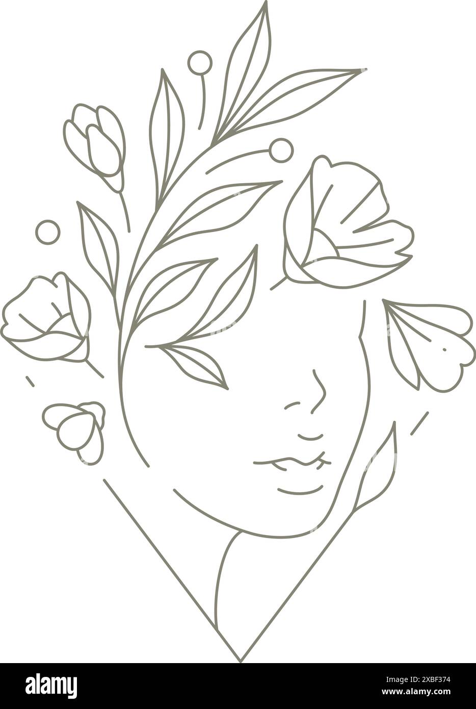 Abstract woman face with floral botanic on head at triangle frame ...