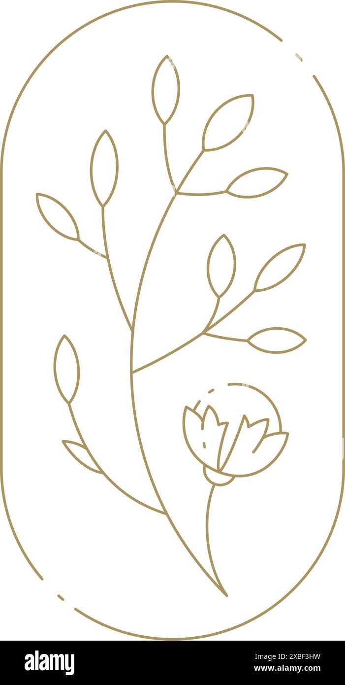 Abstract natural flower with bud, stem and leaves at ellipse hand drawn ...